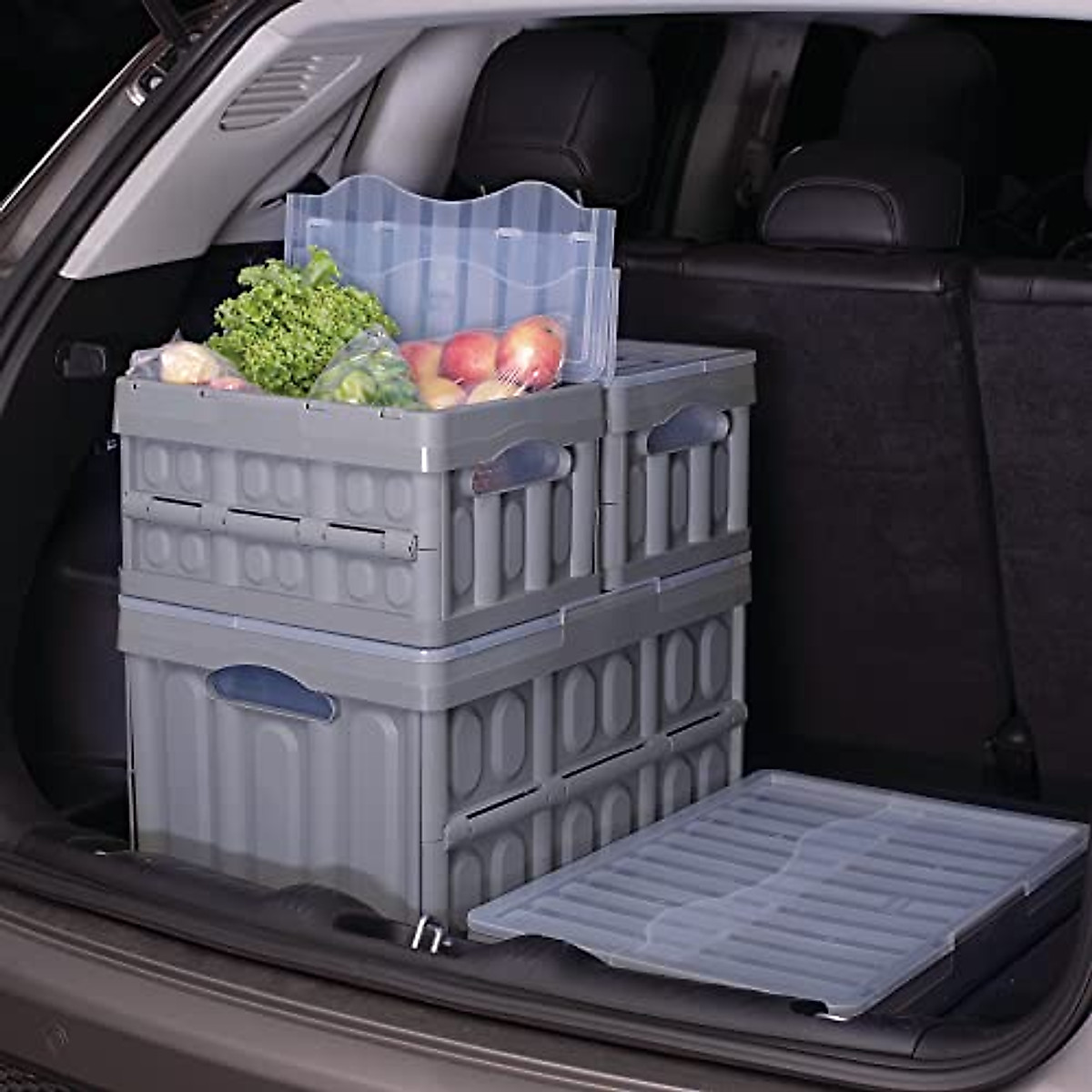 Collapsible and Foldable Plastic Storage Bins Containers. Stackable Organizer Storage Box and Utility Crates for your Home and Vehicle (S, w/ Lid)