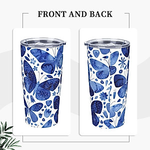 EVANEM 20 Oz Stainless Steel Tumbler With Straw Cleaner Blue Butterflies Printed Insulated Cup Travel Coffee Mug Vacuum Insulated Tumblers For Home Office