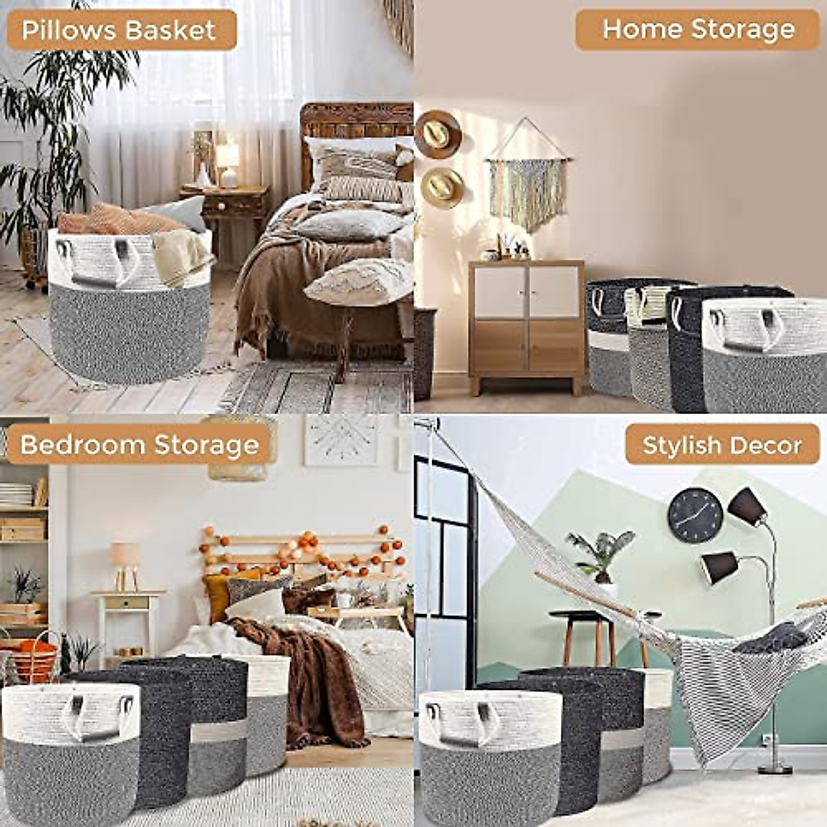 DS HappyLiving Blanket Holder Living Room XXL (Set of 2) 18x18 Basket 100% Natural Cotton Blanket Basket Living Room Blanket Storage