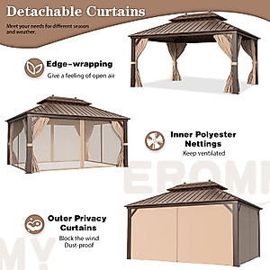 EROMMY 10'x13' Hardtop Gazebo, Galvanized Steel Outdoor Aluminum Canopy with Netting and Shaded Curtains, Double Roof Pergolas, Permanent Metal Pavilion for Patio, Backyard, Deck and Lawns, Brown