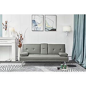 Morhome Leather Futon Bed Convertible Folding Couch for Living Room Sectional Sleeper Sofa for Small Space with Cup Holder and Removable Armrest Gray, Grey