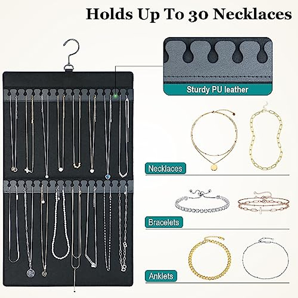 KMEOSCH Jewelry Holder Organizer, Hanging Jewelry Organizer Dual-Sided Earring Organizer Display for 300 Pairs of Earrings and Necklace Holder for 30 Necklaces-Black Jewelry Storage Organizer