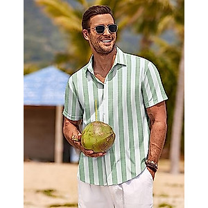 COOFANDY Men's Linen Cotton No Wrinkle Short Sleeve Button Down Shirts Pink Green Stripe