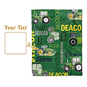 Custom Tractors Blanket - Farm Tractor Trucks Design with Personalized Names - Soft Plush Flannel Throw Blanket with Double Layer Dotted Backing for Baby Kids Teen Boys Girls Gifts Green