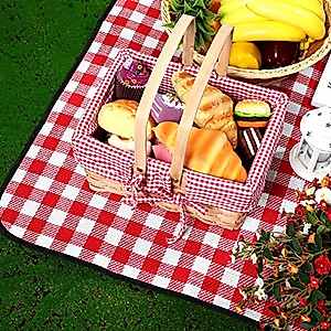 Picnic Basket Natural Woven Woodchip Basket with Double Folding Handles, Picnic Blanket Easter Basket for Easter Egg Candy Halloween Christmas Kids Toy Storage (Red and White Grid)