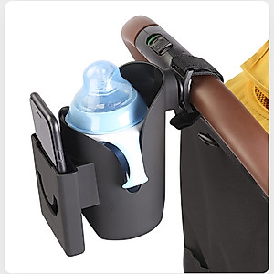 Bike Cup Holder, 2-in-1 Universal Stroller Cup Holder Plastic Adjustable Baby Carriage Bottle Holder with Phone Slot for Stroller, Bike, Wheelchair, Walker, Scooter, Black