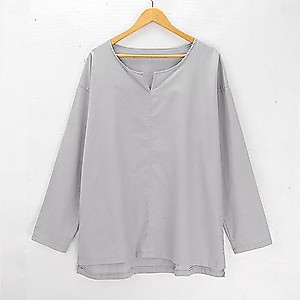 Tops for Men Cotton and Linen Brief Breathable Comfy Solid Color Long Sleeve Loose Casual T Shirt Blouse Gray