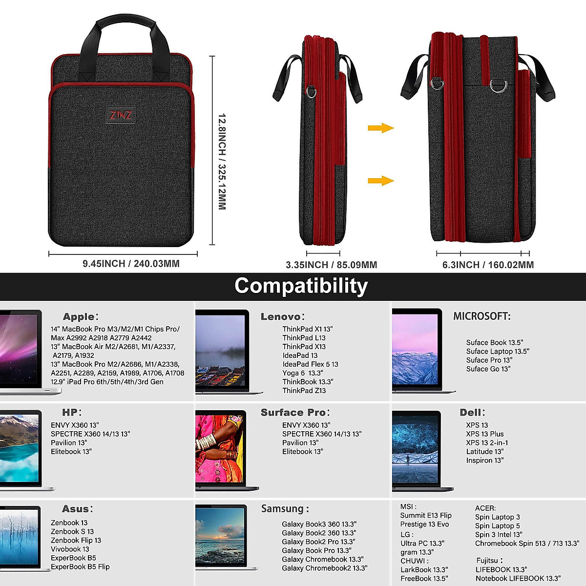 ZINZ Slim & Expandable Case 12.9 13 inch Travel Laptop Shoulder Bag for MacBook Air 13" M3/M2/M1, MacBook Pro 13" M2/M1, iPad Pro 12.9"/13"/11", iPad Air 13",B01K02