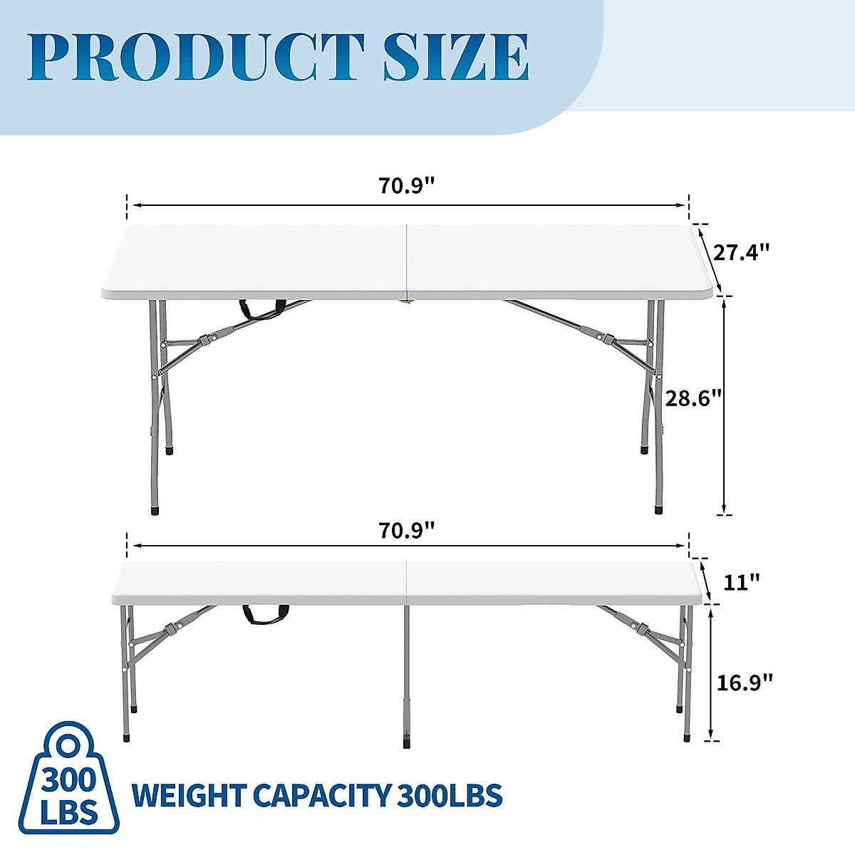 HLPB Folding Table Picnic Table Set, 6 ft Camping Table with 2 Benches, Outdoor Indoor Portable Folding Table for Working Meeting Parties, Camping, Picnic, Weddings w/Handle and Safety Locks, White