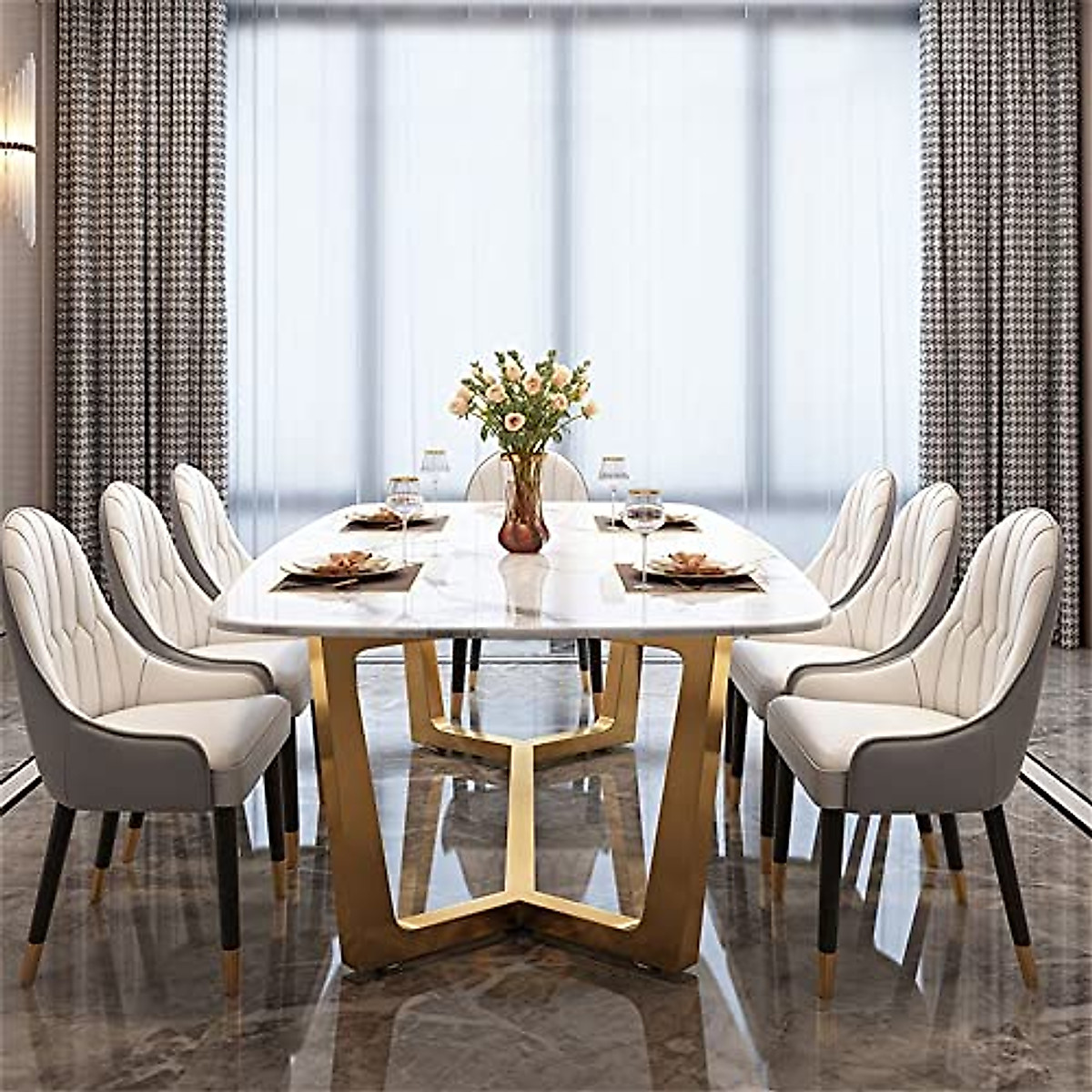 LAKIQ Modern Rectangular Dining Table Whit Faux Marble with Gold Trestle Kitchen Dining Room Table Pedestal Dining Table-Table Only(51.2" L x 27.6" W x 29.5" H)