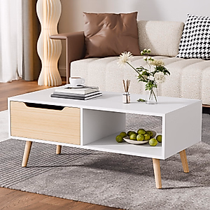 Cozy Castle Modern Coffee Table, Wooden Cocktail Table with Storage, Minimalist Hallway Table, Mid Century Modern Coffee Table for Living Room Apartment Reception, White