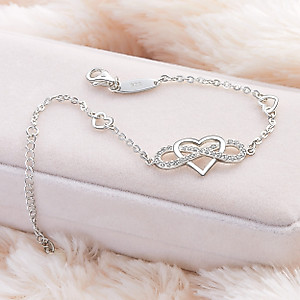 ELEGANZIA Infinity Heart Bracelet For Women Sterling Silver, Tiny Heart Charm Chain Bracelet Friendship Jewelry