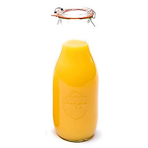 Weck 766 (36 Oz) Juice Glass Jar with Glass Lid, Keep Fresh Lid, Rubber Ring and Steel Clamps 1 Liter Weck Jar Suitable for Juices, Milk, Water, and Wine, Wide Mouth for Classic Pouring