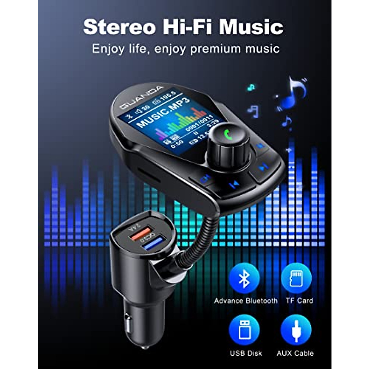 Bluetooth FM Transmitter (Upgraded Version) in-Car Wireless Radio Adapter Kit W 1.8" Color Display Hands-Free Call QC3.0 and Smart 2.4A Dual USB Ports, AUX Input/Output, TF Card MP3 Player