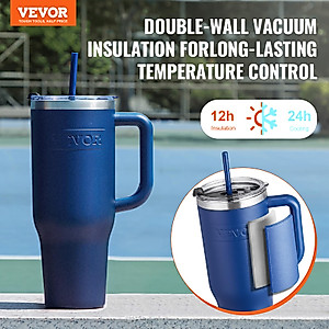 VEVOR 40 oz Insulated Water Bottle, Stainless Steel Sports Coffee Cup with Lid, Handheld Travel Coffee Mug Double Walled, Camping Hydration Flask Leakproof, for Indoor/Outdoor School, Work, Blue