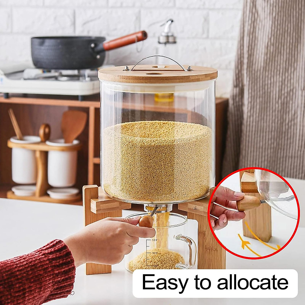 Rice Dispenser 5L, Grain Dispenser Glass Bucket, Cereal Dispenser Countertop for Kitchen and Pantry Organization, Large Rice Storge Container for Dry Food