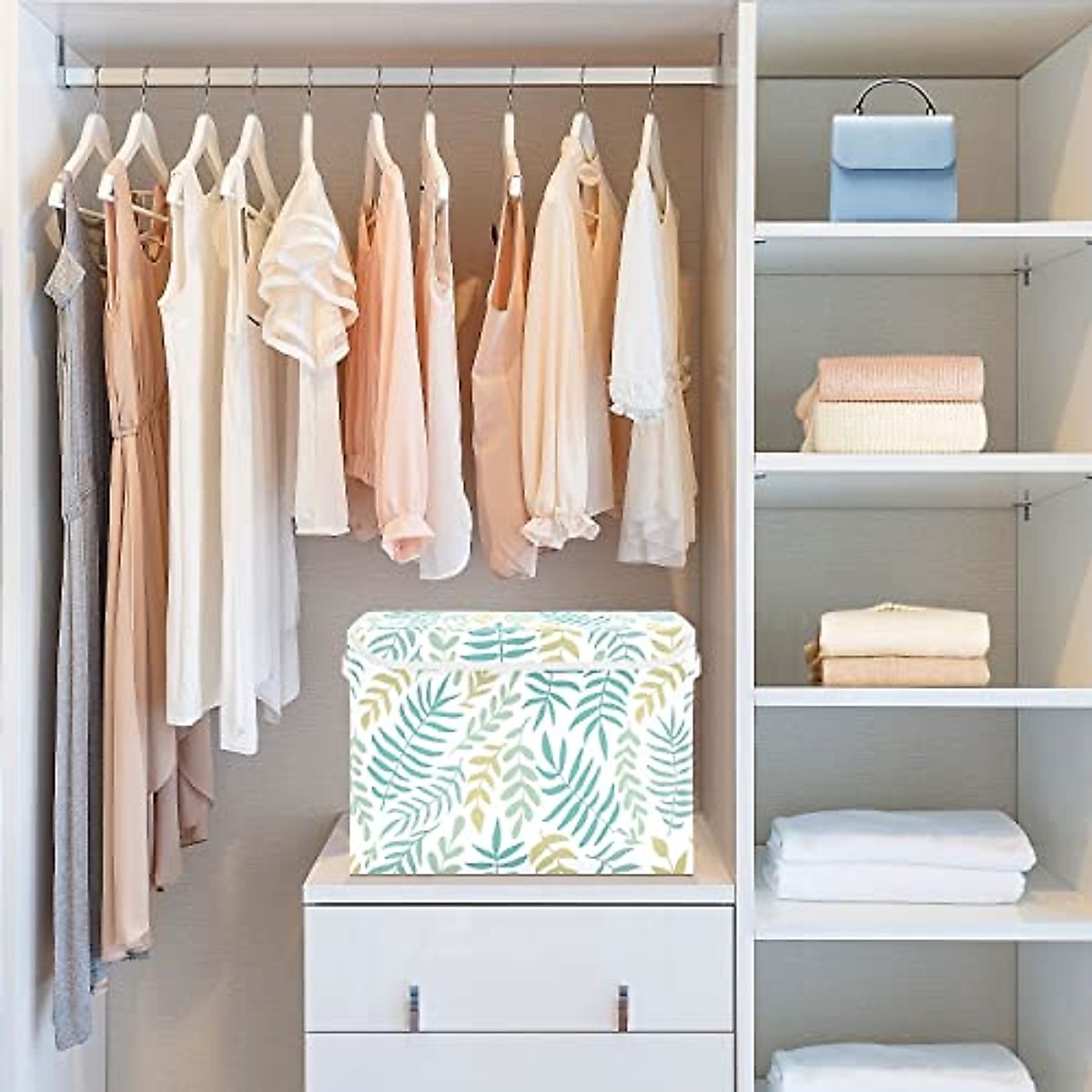 CaTaKu Tropical Leafs Storage Bins with Lids and Handles, Fabric Large Storage Container Cube Basket with Lid Decorative Storage Boxes for Organizing Clothes