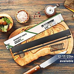 Pailexin 17 inch magnetic knife holder with 10 hooks, No Drilling black knife magnetic strip and utensil hanger for wall, Powerful knife magnet rack include tape and screws
