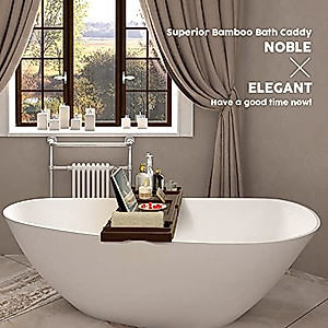Bathtub Caddy Tray - Luxury Bath Tray for Tub - Adjustable Bamboo Bath Table - Bath Board over Tub, Spa Accessories Organizer with Free Soap Dish & Bath Glove - Gift Choice Fits All Occasions (Walnut)