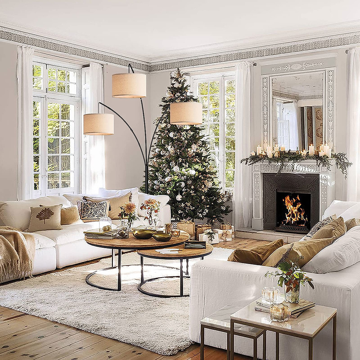 PARTPHONER Arc Floor Lamps for Living Room, Modern Black Floor Lamp Tall Standing Lamps, Multi-Arm Trilage Arched Floor Lamp for Bedroom Lounge Home Office, Light Beige Shades