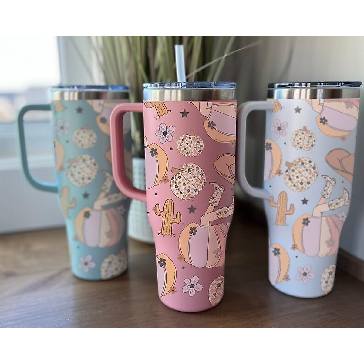 VTER Western Halloween Tumbler 40oz With Handle and Straw, Howdy Ghouls 40oz Tumbler, Cowgirl 40oz Stainless Steel Tumbler, Halloween Cup, Insulated Stainless Steel Tumbler (V2 pink dusk)