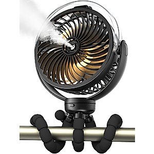 Misting Stroller Fan, 6000mAh Battery Operated Portable Fan with Light & 360° Pivoting, Personal Fan with Flexible Tripod for Baby, Office, Travel,Treadmill,Outdoors