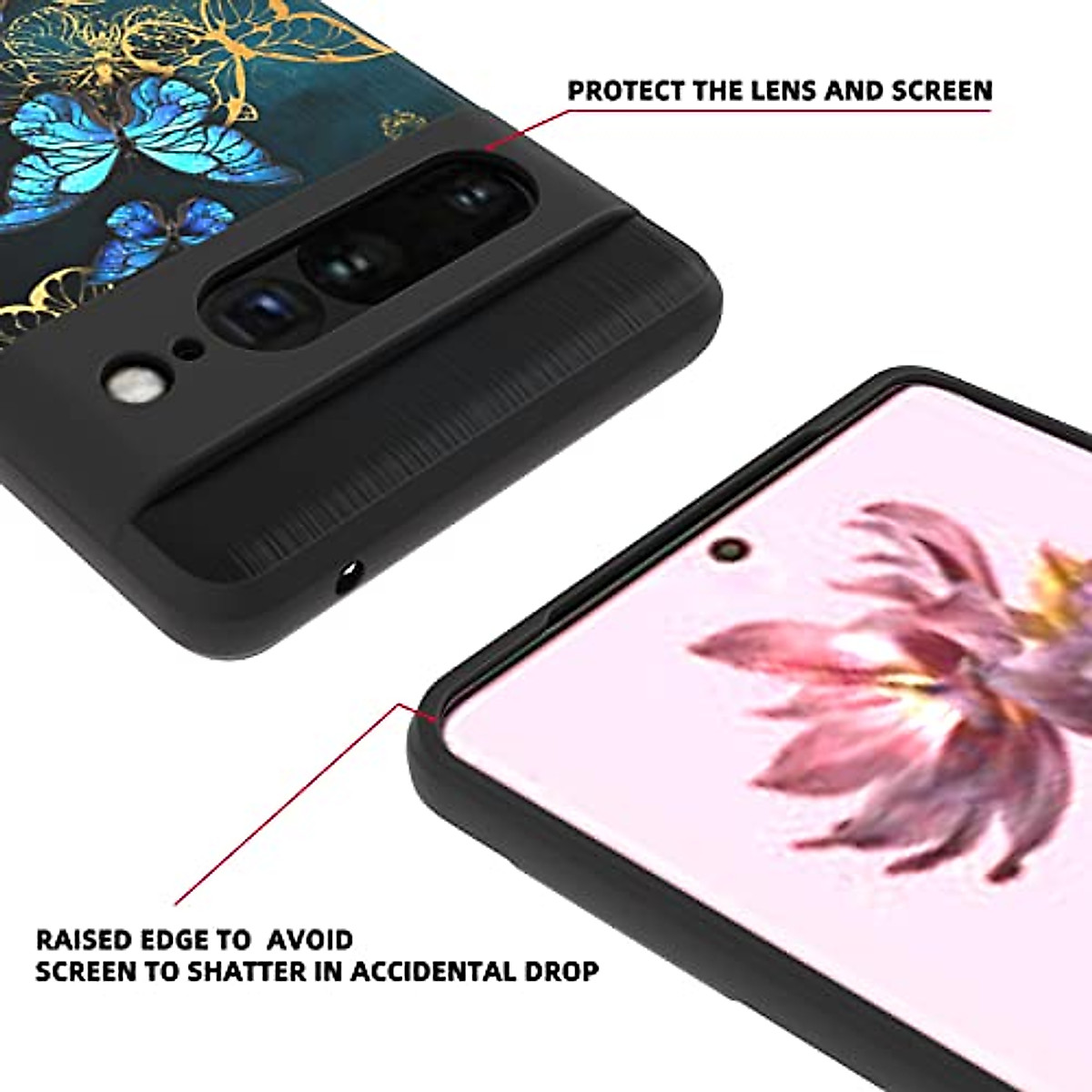 NKase for Google Pixel 7 Pro Case 2022, Google Pixel 7 Pro Case Full Body Matte Soft TPU Flexible Non Slip Bumper Shockproof Protective Pixel 7 Pro Phone Case, Gold/Blue Butterfly