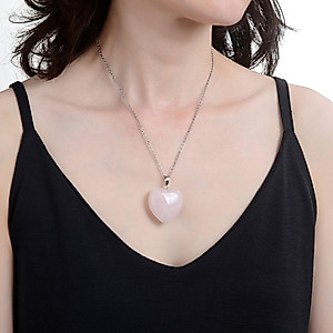 Creative Club 1pc You Are My Only Love Real Natural Pink Rose Quartz Gemstone Large Heart Pendant Necklace Healing Reiki Chakras Energy Rock 18 Inch Stainless Steel Surgical Jewelry GGP8-5