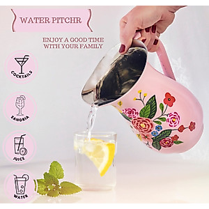 Hand Painted Stainless Steel Water Pitcher - Large Metal Water Jug, for Cold Drinks, Floral Design Beverage Carafe for Entertaining & Home Decor. 8” height, 1 Quart Decorative Vase. (Pink)