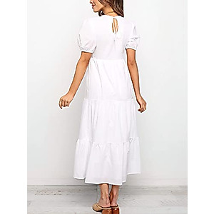 LOGENE Women Short Sleeve Crew Neck Smocked Elastic Waist Tiered Maxi Dress Summer Boho Solid Color Sun Dresses-484-baise-L