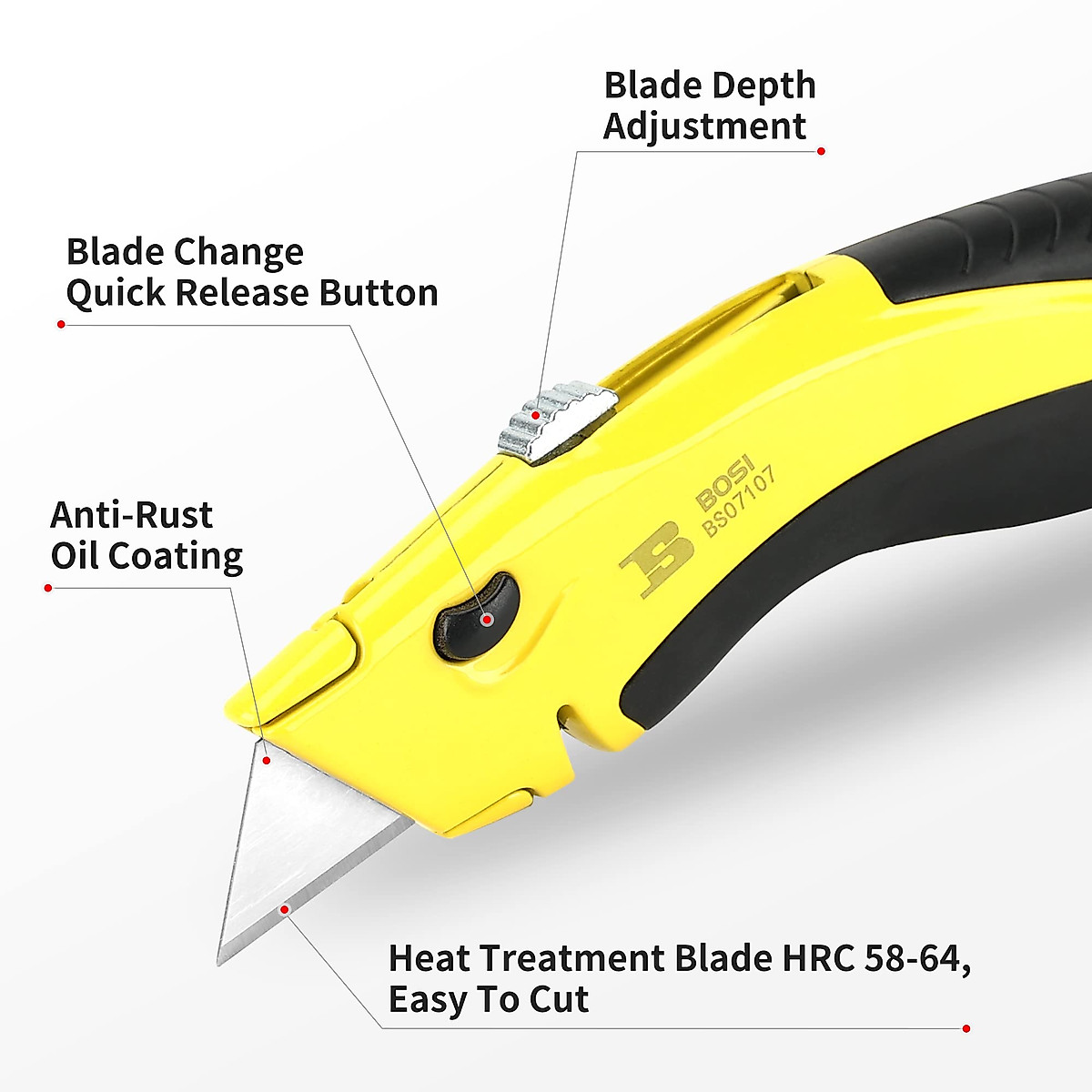BOSI TOOLS Heavy Duty Utility Knife Retractable Box Cutter SK5 Stainless Steel Blade Quik Change Blade Storage Design 3 Spare Blades