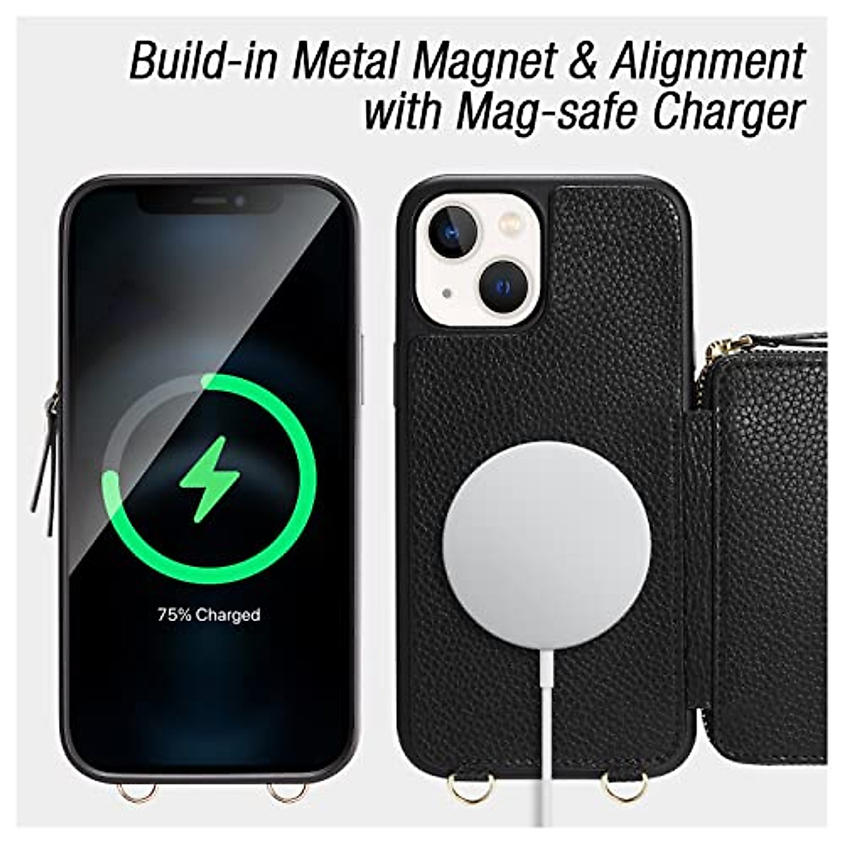 ZVE for iPhone 14 Plus Crossbody Wallet Case for Magsafe, Magnetic Phone Case with RFID Blocking Card Holder Wrist Strap for Women, Zipper Leather Cover for iPhone 14 Plus, 6.7"-Black