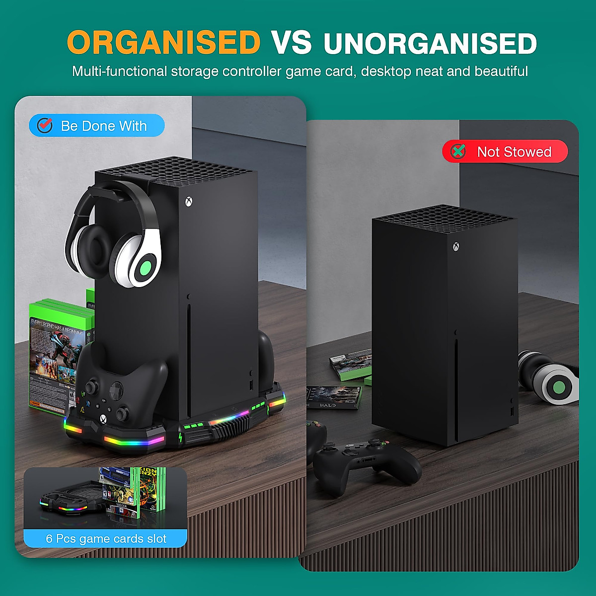 Wiilkac Vertical Cooling Fan Stand and Dual Controller Charging Station for Xbox Series X with RGB Color Lights/USB Ports, 3-Level Fan Cooling System with 2 x 1400 mAh Rechargeable Battery