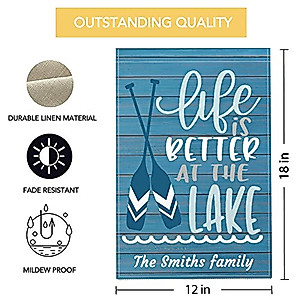 Personalized Life is Better at the Lake Garden Flag, Custom Personal Information Linen Lake House Yard Outdoor Decor Welcome Flag, Double Sided 12" x 18"