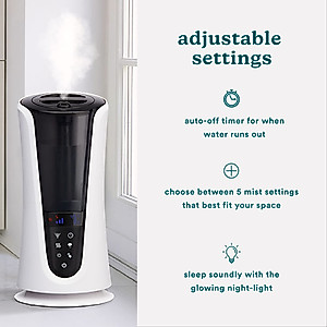 Homedics Ultrasonic Humidifier – Large Deluxe Air Humidifiers for Bedroom, Plants, Office – Cool and Warm Mist Humidifiers, Essential Oil Pads and Built-In Timer, 5 Mist Settings, White and Black