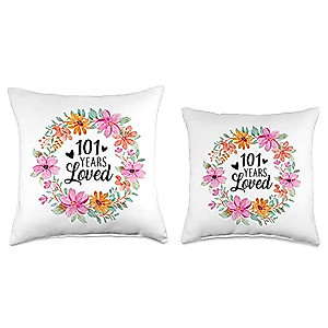 Floral Frame 101 Years Old 101st Birthday Gifts 101 Years Loved Funny Mom Dad Grandpa Grandma 101st Birthday Throw Pillow, 16x16, Multicolor