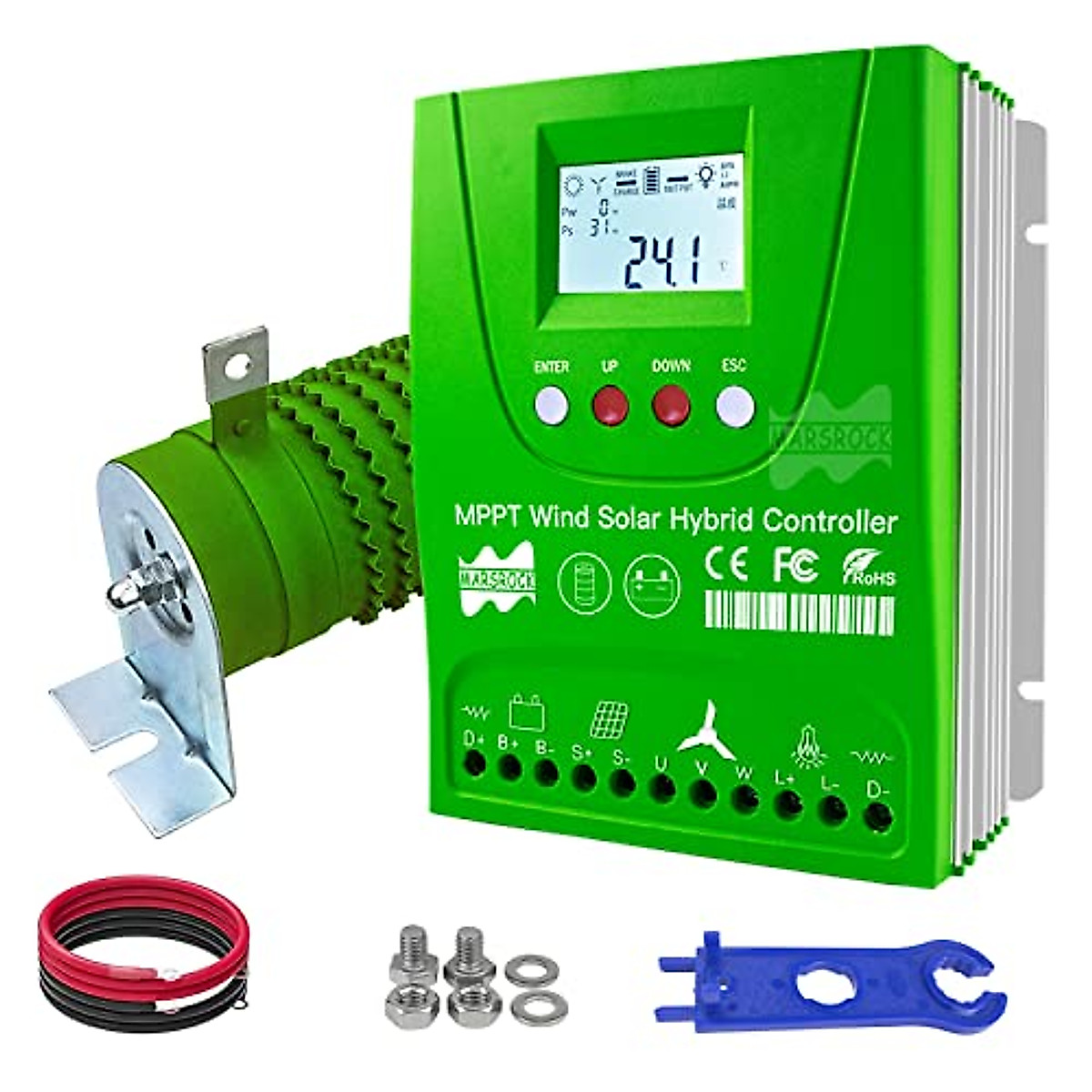 Mars Rock 1400W 12V 24V Wind Solar Hybrid Controller Charge Ternary Lithium LFP, Lead-Acid Gel Wind 0W-800W MPPT Booster Regulator Low Wind Speed with Unload Solar 0W-600W PWM Controller