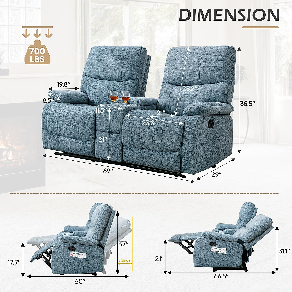 VUYUYU Reclining Sofa, Double Reclining Loveseat with Console, 2 Seater Sofa Home Theater Seating, Fabric Recliner Sofa Couches with Storage and Cup Holders (Blue)