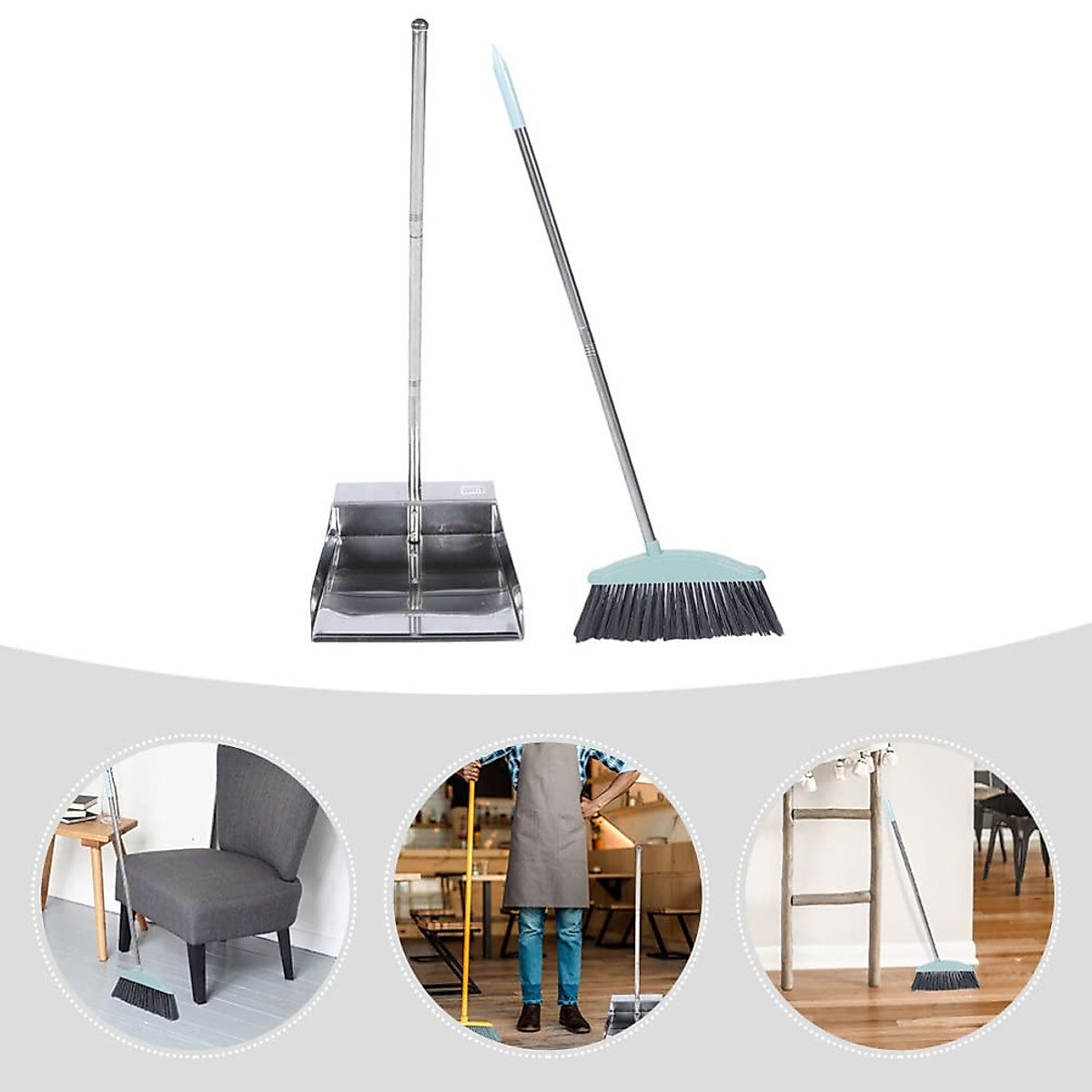 ULTECHNOVO 1 Set Garbage Shovel Cleaning Scraper Long Handle Broom Floor Sweeping Broom Long Handle Dust Pan Broom and Dust Pan Ladlebroom Home Stainless Steel Office Dustpan Indoor
