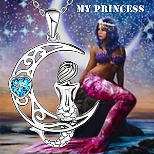 Distance Mermaid Necklace for Women 925 Sterling Silver Sea Mermaid Crescent Moon Necklace Birthday Jewelry Gifts for Women Wife Mom