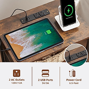 Somdot Nightstand with Charging Station and LED Light for Bedroom, Bedside Table End Table for Dorm Bedside Laundry Closet Entryway Hallway, Wood Grain Print