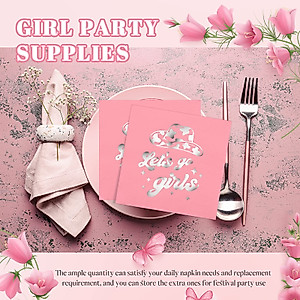 100 Pcs Let's Go Girls Napkins, Hot Pink Silver Foil Bachelorette Party Decorations Cocktail Napkins, Western Cowgirl Disco Last Bachelorette Bridal Shower Birthday Party Supply, 2 ply, 5 x 5"