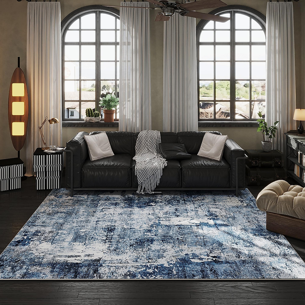 Rugcomf 8x10 Rug Washable Boho Rug Soft Large Area Rug Non-Slip Non-Shedding Faux Wool Vintage Rug for Living Room, Farmhouse, Dining Room, Indoor, Kids Playroom, Blue