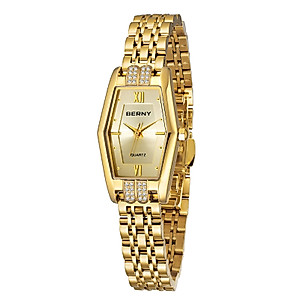 BERNY Gold Watches for Women Dainty Hexagon Ladies Quartz Wrist Watches Stainless Steel Band Fashion Analog Watch Luxury Bracelet(Gold Dial)