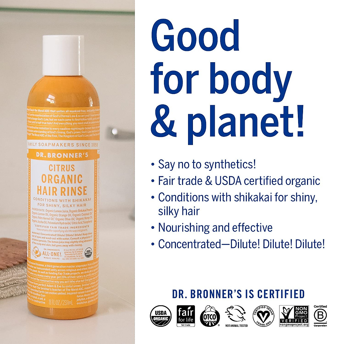 Dr. Bronner's - Organic Hair Rinse (Citrus, 8 Ounce) - Nourishing & Effective, Gentle Conditioning Cleanser for Skin & Hair, No Synthetic Ingredients, Organic Shikakai (2-Pack)