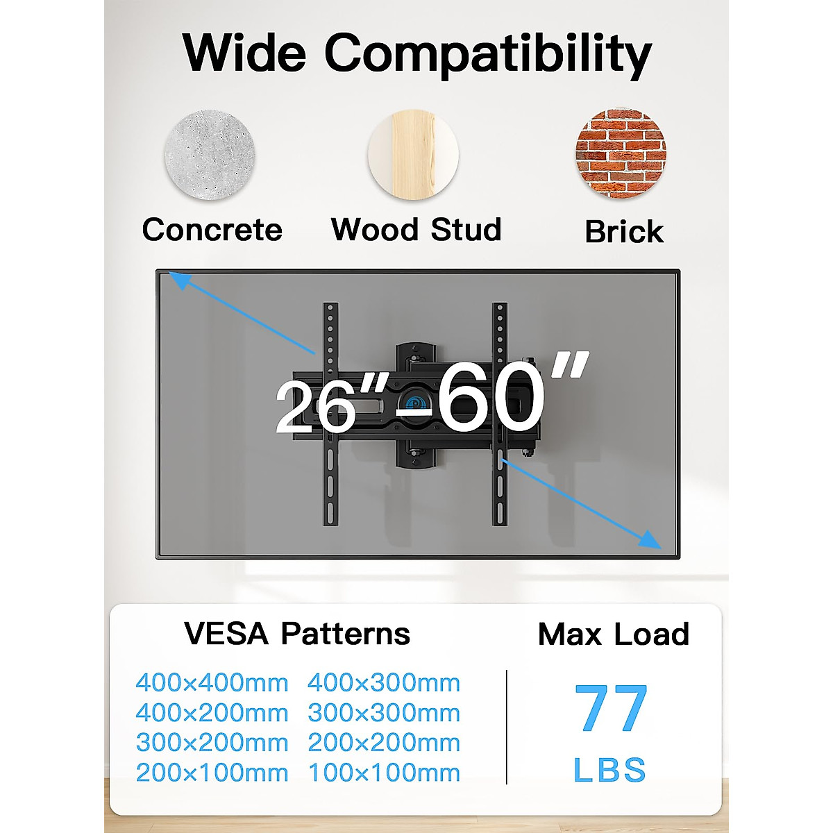 Pipishell Full Motion TV Wall Mount for Most 26-60 inch Flat & Curved TVs up to 77 lbs, Single Articulating Arm, Adjustable Bracket Height, Extension, Max VESA 400x400mm, PIMF9