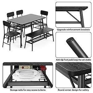 Gizoon 46'' Rectangular Dining Table Set for 6, 6-Piece Modern Dining Set for Home, Apt, 4 Chairs, Bench, Kitchen Dining Room Set w/Storage Rack for Family, Small Space, Saving Space-Black