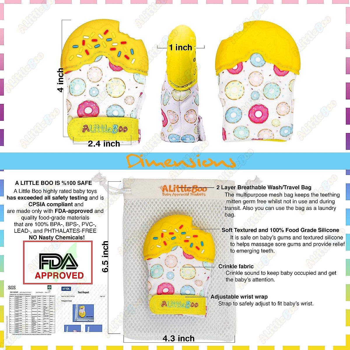 A Little Boo Baby Teething Mitten - Teether Glove - Infants Newborn Teething Toy [2 Pack] [Yellow]