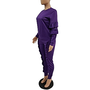 Akmipoem Casual Ruffle Two Piece Outfits Pullover Tops and Pants Jumpsuit Set for Ladies Purple XL