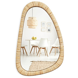 Barnyard Designs Rattan Bathroom Mirror – Rustic Farmhouse Style Handmade Wicker Rattan Frame - Boho Mirror for Nursery Wall Décor (20" x 30", Asymmetrical)